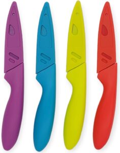 handy housewares 4pc colorful paring knife set with sheath covers, 3-inch blade covered paring knife