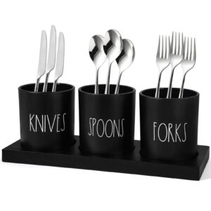 alpiriral silverware caddy, 4 pieces kitchen utensil holder for countertop, black utensil holder for party, silverware holder for party with wood tray, farmhouse cutlery holder storage organizer