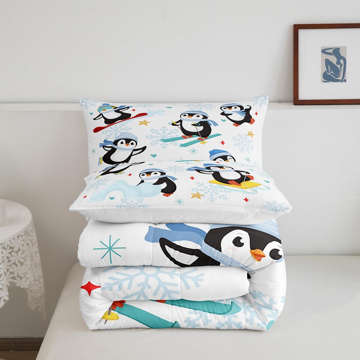 Winter Snowflake New Year Bed Comforter Set Queen Size,Cute Cartoon Skiing Penguin Super Soft Microfiber Bedding Set for Girls Boys,Merry Christmas Theme Decorative Quilter Set