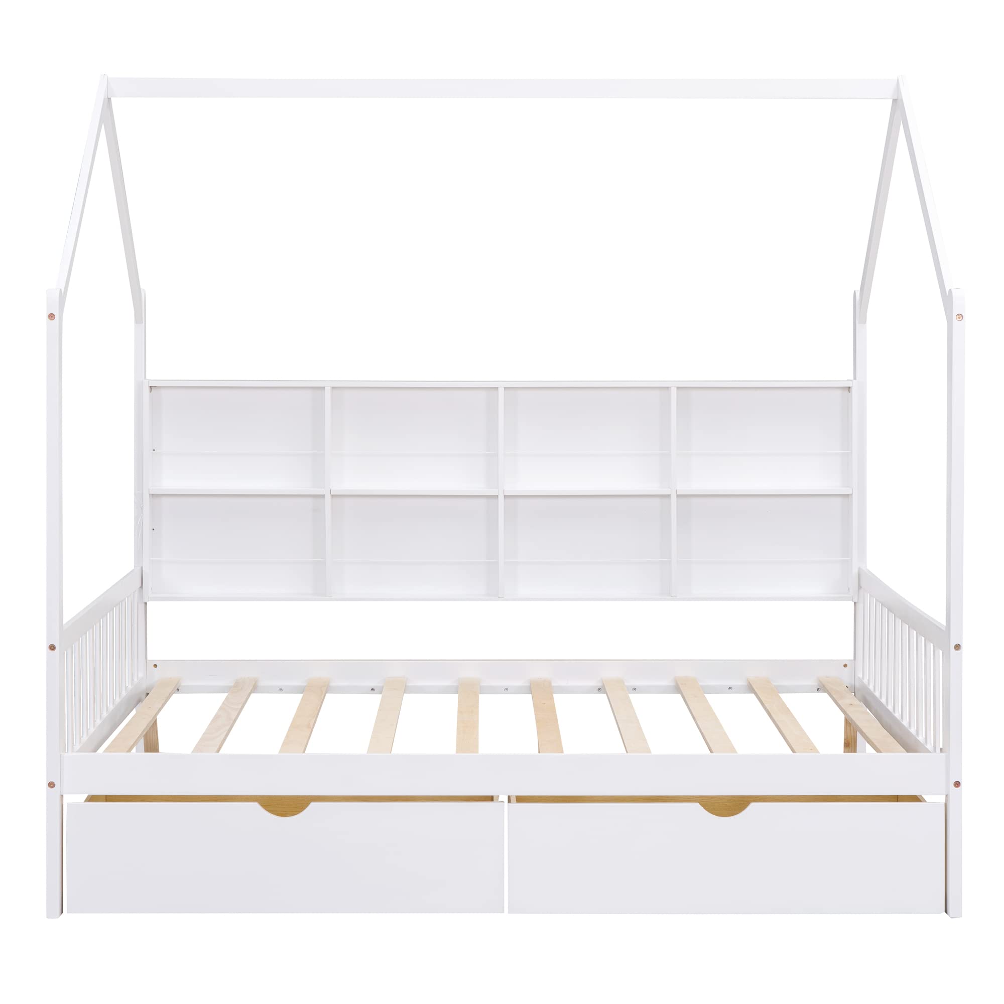 Harper & Bright Designs Full Size House Bed with Storage Drawers & Shelves, Montessori Bed Full Platform Bed Frame with Roof, Tent Bed, Solid Wood Playhouse Bed for Kids Teens Girls Boys (White)