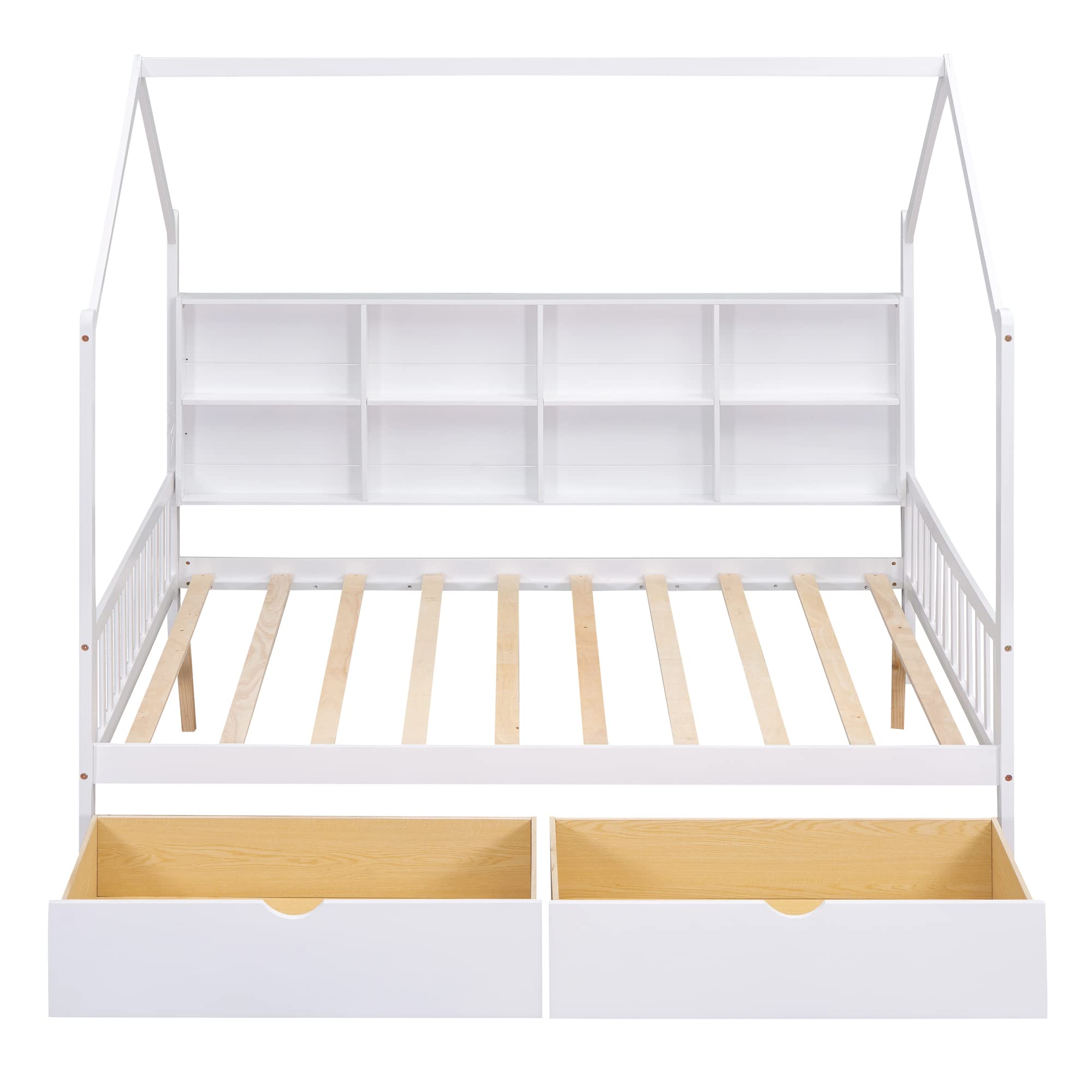 Harper & Bright Designs Full Size House Bed with Storage Drawers & Shelves, Montessori Bed Full Platform Bed Frame with Roof, Tent Bed, Solid Wood Playhouse Bed for Kids Teens Girls Boys (White)