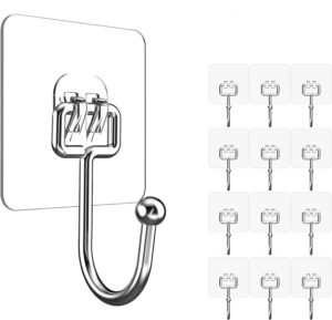 allfondo large adhesive hooks 44 lb(max), 12 pack. waterproof rustproof wall hooks stainless steel coat towel hook for: indoor, kitchen, bathroom, shower, home, office use