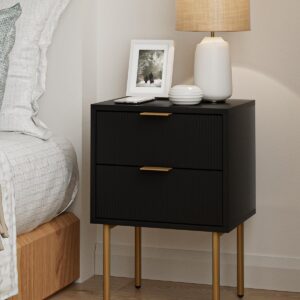 AEPOALUA Nightstand,Small Bedside Table with Gold Frame,White Night Stand,Bedside Furniture,Side Table with Drawer and Shelf for Bedroom,Living Room (Mid-Century-Stripe, Black.)