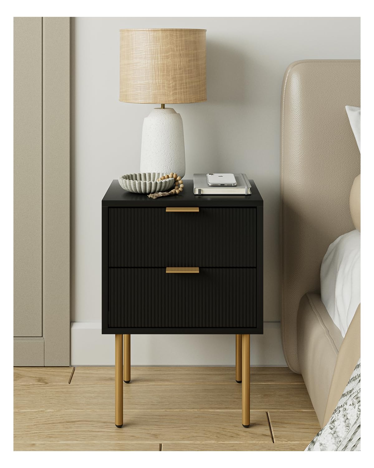 AEPOALUA Nightstand,Small Bedside Table with Gold Frame,White Night Stand,Bedside Furniture,Side Table with Drawer and Shelf for Bedroom,Living Room (Mid-Century-Stripe, Black.)