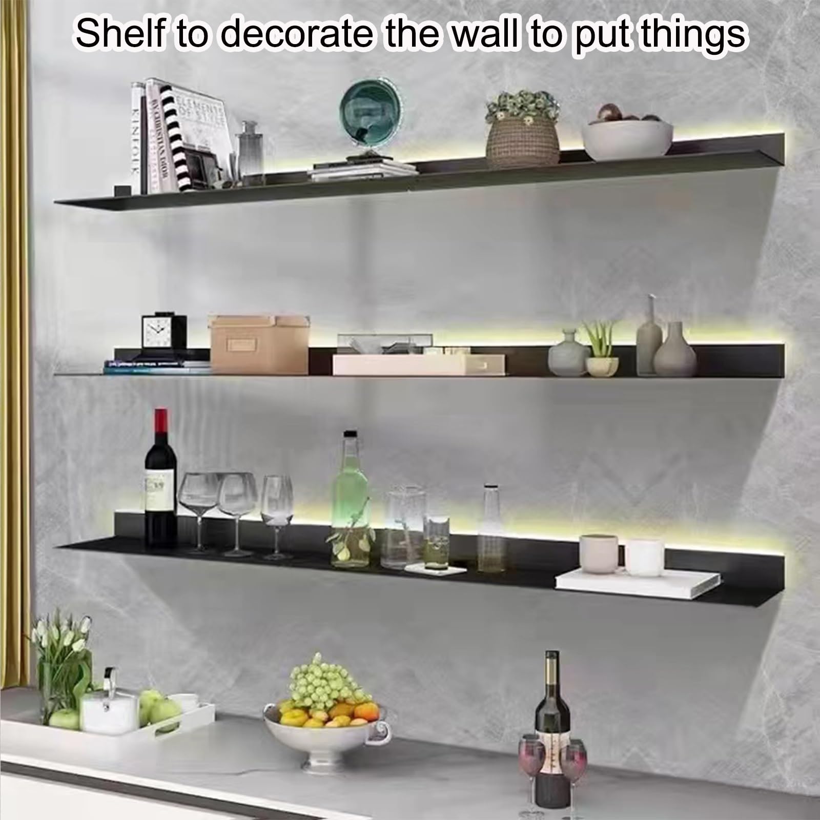 Wall Mounted Light-Emitting Shelves, Storage Shelf Floating Display Shelf LED Light Up Can Hold A Lot of Things Objects are Not Easy to Fall (Color : Black, Size : 150x23x7.5cm)