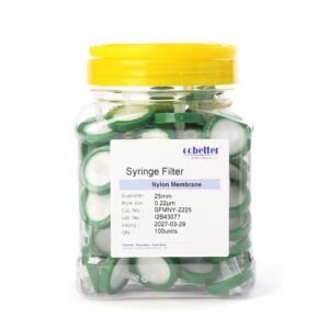 cobetter 100 pack syringe filter nylon lab filters 0.22μm pore size 25mm diameter hydrophilic filtration non-sterile green