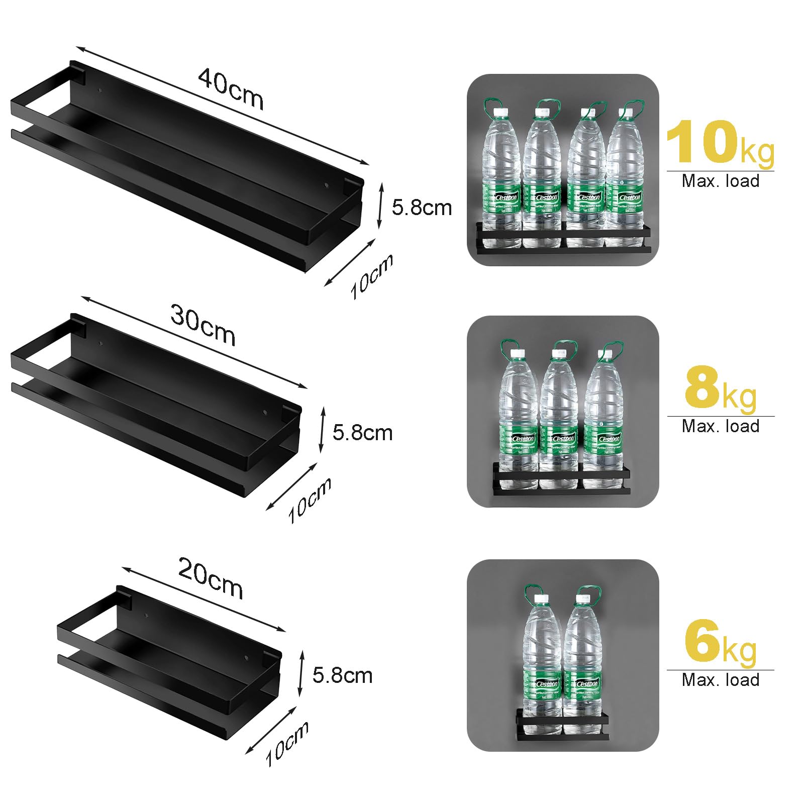 YANYYGu Wall Mounted Rectangular Storage Shelf for Bathrooms, Waterproof and Rustproof Bathroom Shower Caddy, Kitchen Spice Rack, Nail-Free Installation（8 Inch Black）