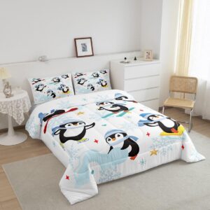 Winter Snowflake New Year Bed Comforter Set Queen Size,Cute Cartoon Skiing Penguin Super Soft Microfiber Bedding Set for Girls Boys,Merry Christmas Theme Decorative Quilter Set