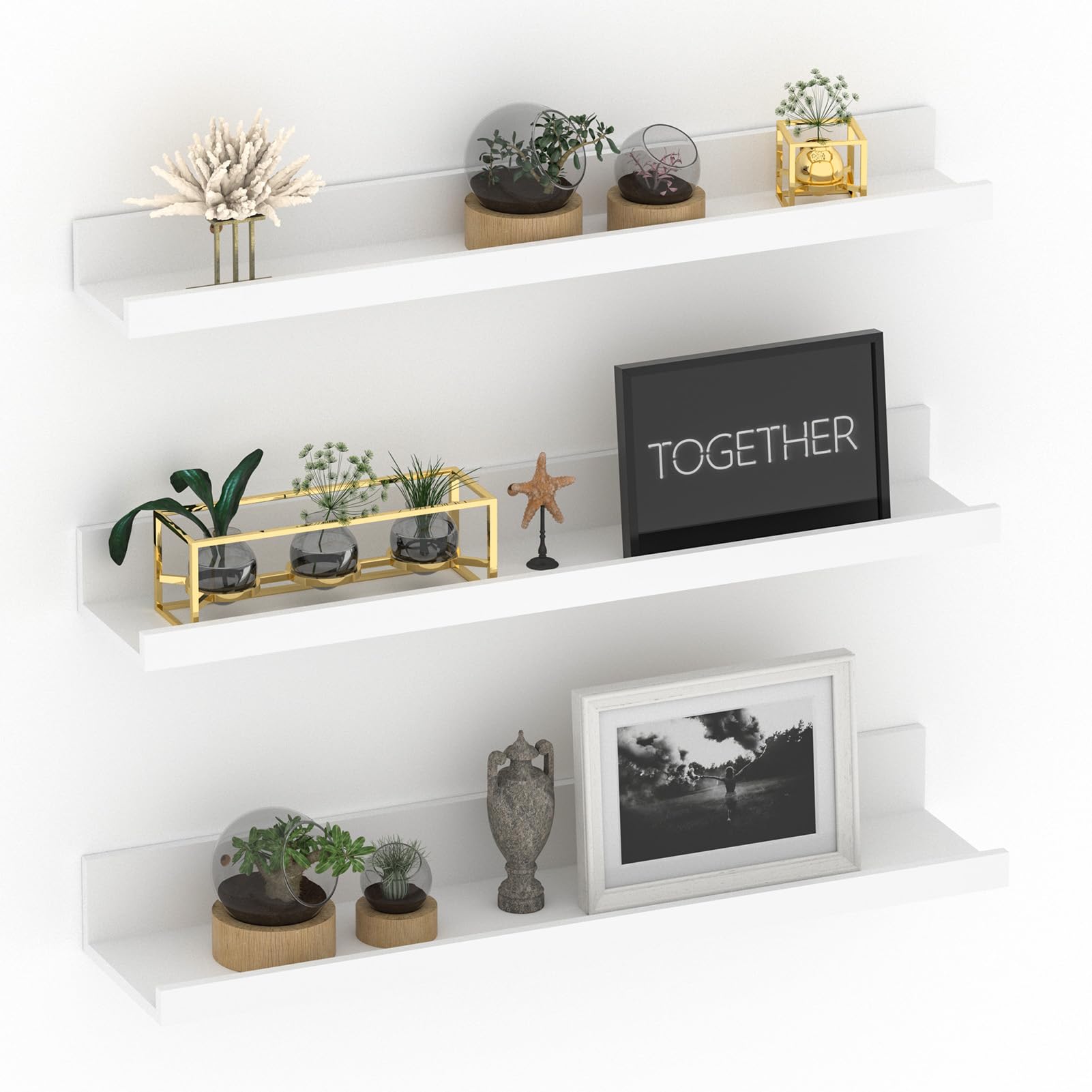 Giftgarden 24 Inch White Floating Shelves for Wall Mount, Modern Wood Wall Shelf Ledge for Bathroom Bedroom Living Room Kitchen Nursery Storage, Set of 3 Different Sizes