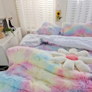 chovy Kids Girls Faux Fur Rainbow Comforter Sets Twin/Full - 3PC Bed Set Soft Warm Comfortable Classical Rabbit Plush Velvet Flannel Fluffy Fuzzy Bedding（Comforter x 1 Pillowcases x 2）