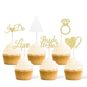 gexolenu 24 pcs bride to be cupcake toppers gold glitter double-sided i do love heart diamond ring cupcake picks decorations for bridal shower wedding engagement party supplies