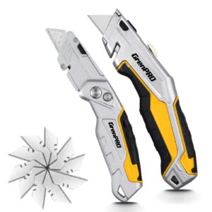 grenpro 2-pack utility knife, sk5 heavy duty retractable folding utility knife, storage blade design, quick-change，comes with 16 extra ck75 blades，cut cartons, cardboard and boxes,（total 18 blades）