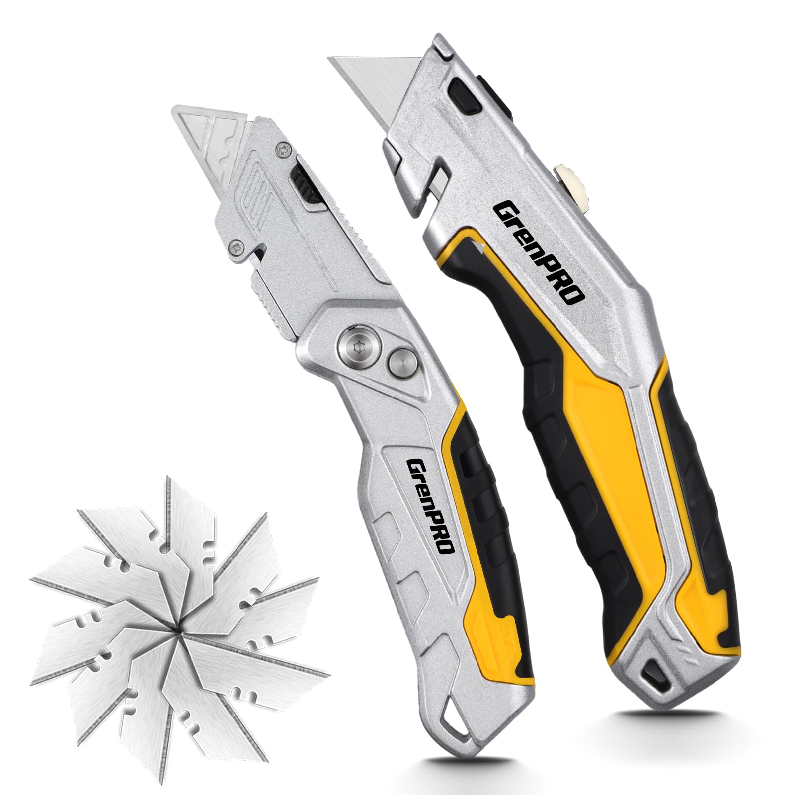 GRENPRO 2-Pack Utility Knife, SK5 Heavy Duty Retractable Folding Utility Knife, Storage Blade Design, Quick-change，Comes with 16 Extra CK75 Blades，Cut Cartons, Cardboard and Boxes,（Total 18 Blades）