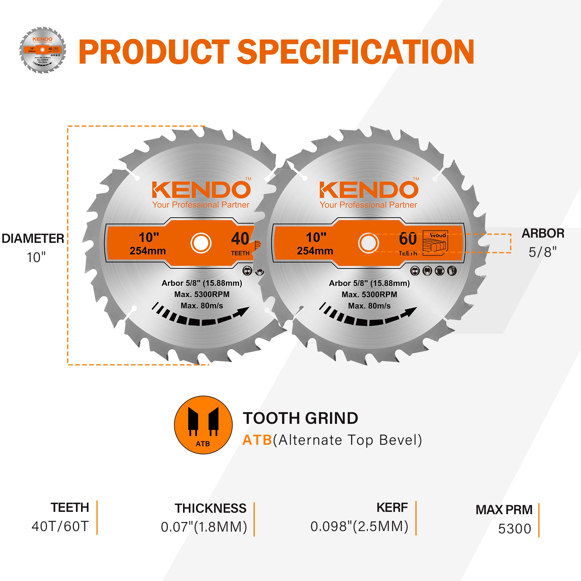 KENDO 2-Pack 10 Inch 40T&60T Carbide-Tipped Circular Saw Blade with 5/8 Inch Arbor, Professional ATB Finishing Woodworking Miter/Table Saw Blades for Plywood, Laminate, Ripping Wood