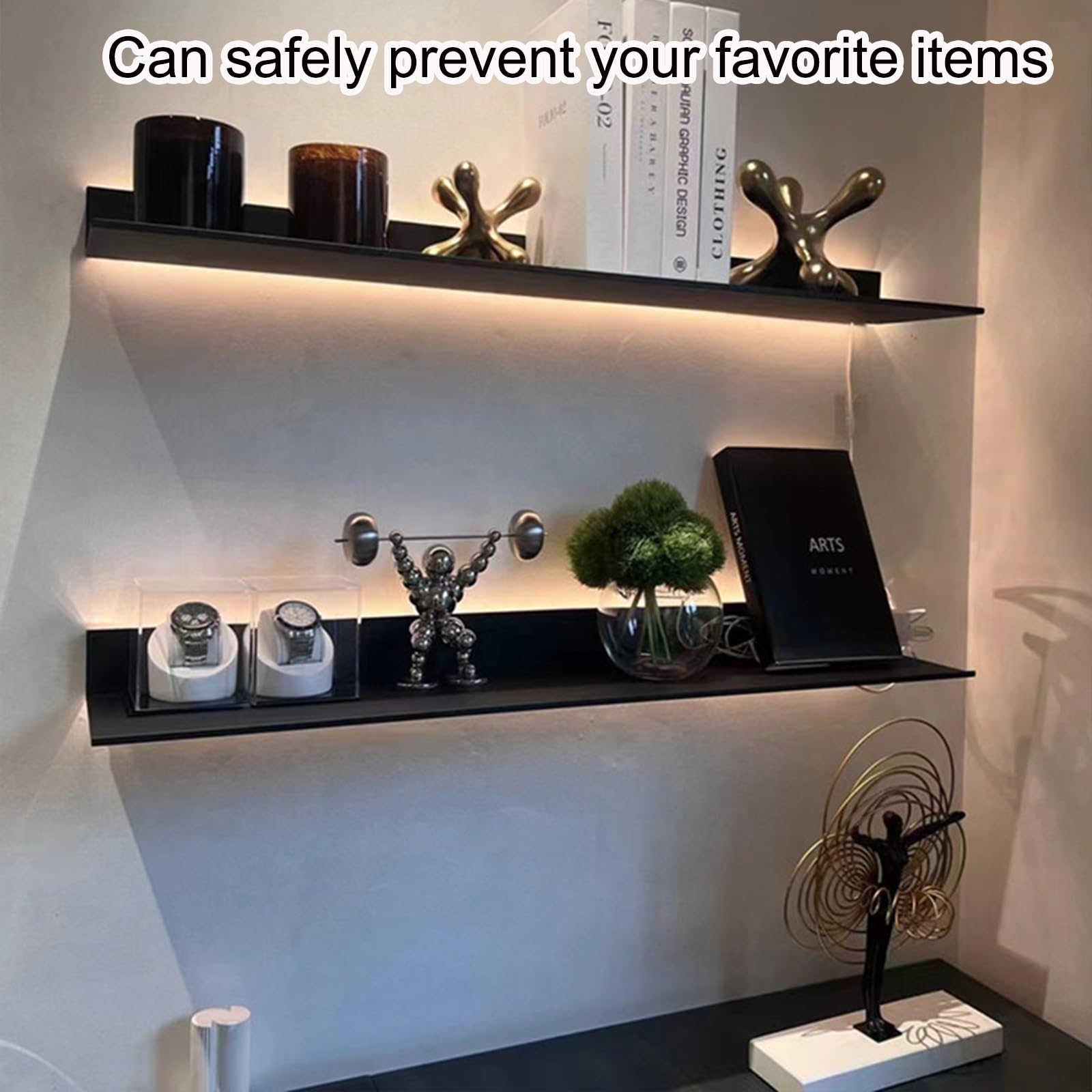 Wall Mounted Light-Emitting Shelves, Storage Shelf Floating Display Shelf LED Light Up Can Hold A Lot of Things Objects are Not Easy to Fall (Color : Black, Size : 150x23x7.5cm)