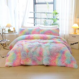 chovy kids girls faux fur rainbow comforter sets twin/full - 3pc bed set soft warm comfortable classical rabbit plush velvet flannel fluffy fuzzy bedding（comforter x 1 pillowcases x 2）