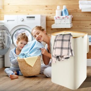 Large Laundry Basket with Lid - 100L Collapsible Laundry Hamper with Removable Bag, Waterproof Slim Laundry Basket with Handles, Tall Dirty Clothes Hamper for Bedroom Bathroom (Beige)