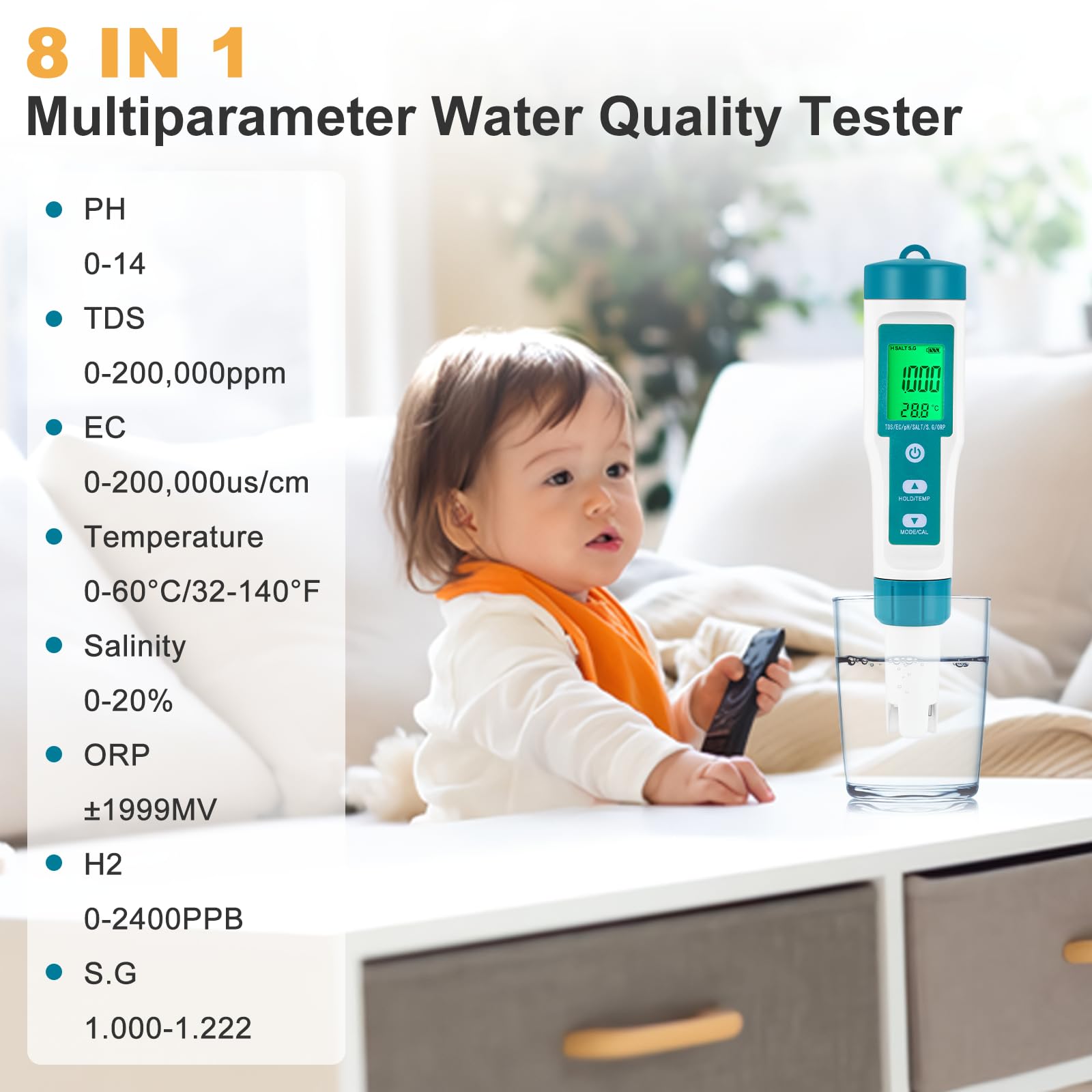 Consfly PH Meter TDS Meter 8 in 1 Water Quality Tester PH/TDS/EC/ORP/S G/Salinity/ H2/ Temp Meter, Used for Drinking Water, Pools, Hydroponics, Sea Water, Liquid Fertilizer