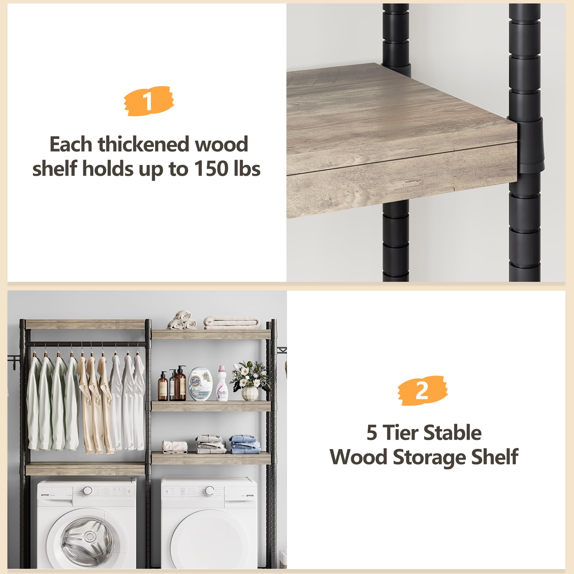 5-Tier Wood Over The Washer and Dryer Storage Shelf- Laundry Room Organization Space Saving Laundry Drying Clothes Racks Heavy Duty Adjustable Height Bathroom Shelf for Home Decor 61"*11.81"*74.02"H