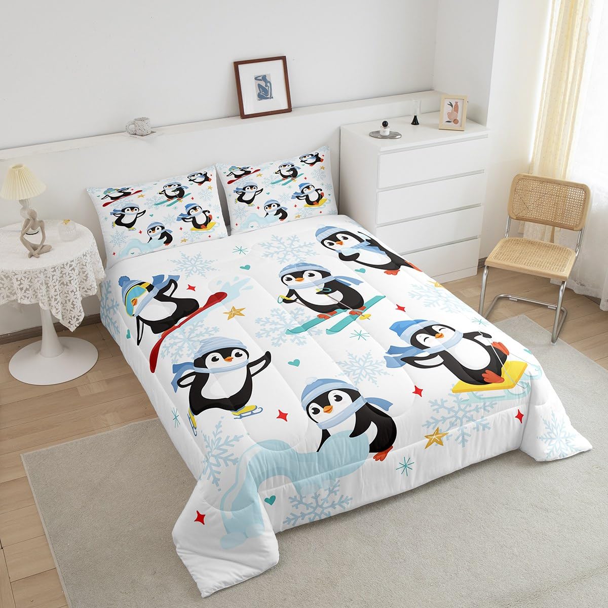 Winter Snowflake New Year Bed Comforter Set Queen Size,Cute Cartoon Skiing Penguin Super Soft Microfiber Bedding Set for Girls Boys,Merry Christmas Theme Decorative Quilter Set