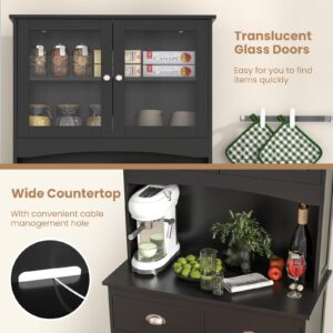 Giantex 67" Pantry Organizers, Freestanding Tall Buffet Cabinet with Hutch and 2 Drawers, Wooden Cupboard with Glass Doors, Storage Sideboard for Kitchen Bathroom Living Room (Black)