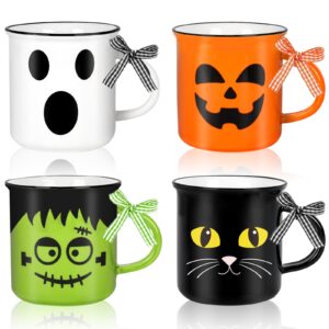 whaline 4pcs halloween mini mugs with plaid ribbon cat monster ghost pumpkin mini coffee mug halloween party cups for table centerpieces tiered tray decor gifts