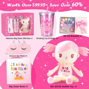 SHUNNIUB Big Sister Gifts for Girls, New Big Sister Gifts for Little Girls Age 3-12 Toddler Girls from Mom Dad Aunt Uncle Includes Tumbler Big Sister Book Little Girl Doll Big Sis Eye-Shade