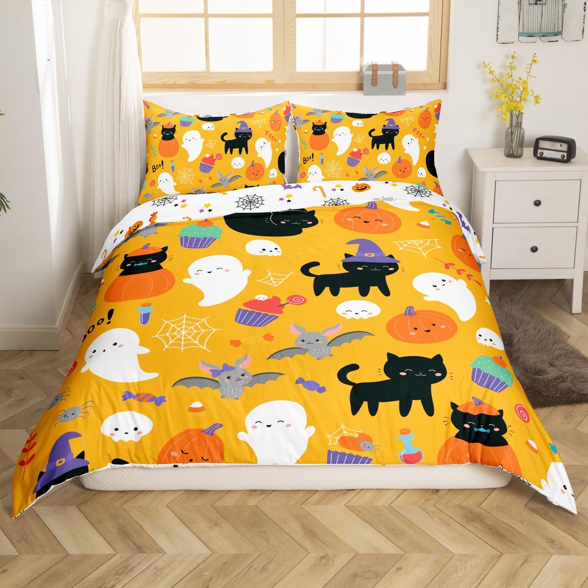 Erosebridal Halloween Bedding Set Queen,Pumpkin Lantern Duvet Cover Cartoon Ghost Comforter Cover Cute Cat Bats Halloween Decoration,Halloween Candy Spider Web Gothic Skeleton Halloween Decor Orange