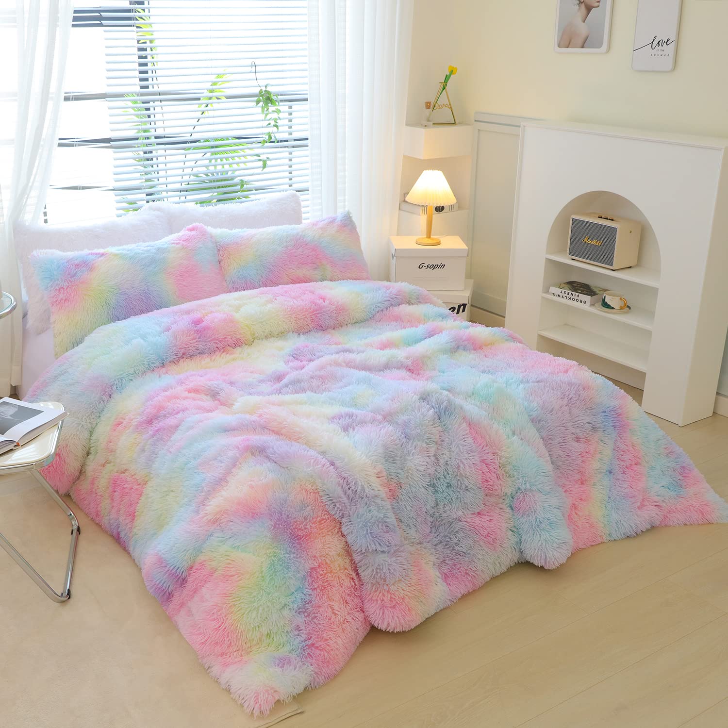 chovy Kids Girls Faux Fur Rainbow Comforter Sets Twin/Full - 3PC Bed Set Soft Warm Comfortable Classical Rabbit Plush Velvet Flannel Fluffy Fuzzy Bedding（Comforter x 1 Pillowcases x 2）