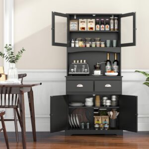 Giantex 67" Pantry Organizers, Freestanding Tall Buffet Cabinet with Hutch and 2 Drawers, Wooden Cupboard with Glass Doors, Storage Sideboard for Kitchen Bathroom Living Room (Black)