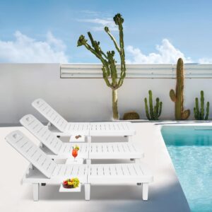 vilobos white patio lounge chairs set of 3, outdoor chaise lounge with tray, adjustable backrest, easy assembly waterproof plastic pool chaise lounge, lightweight for poolside, beach, patio,yard