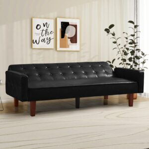 IULULU Futon Sofa Bed, Modern Convertible Faux Leather Sleeper Couch with Armrests for Studio, Office, Apartment, Compact Living, Game Room, Overnight Guests, Black