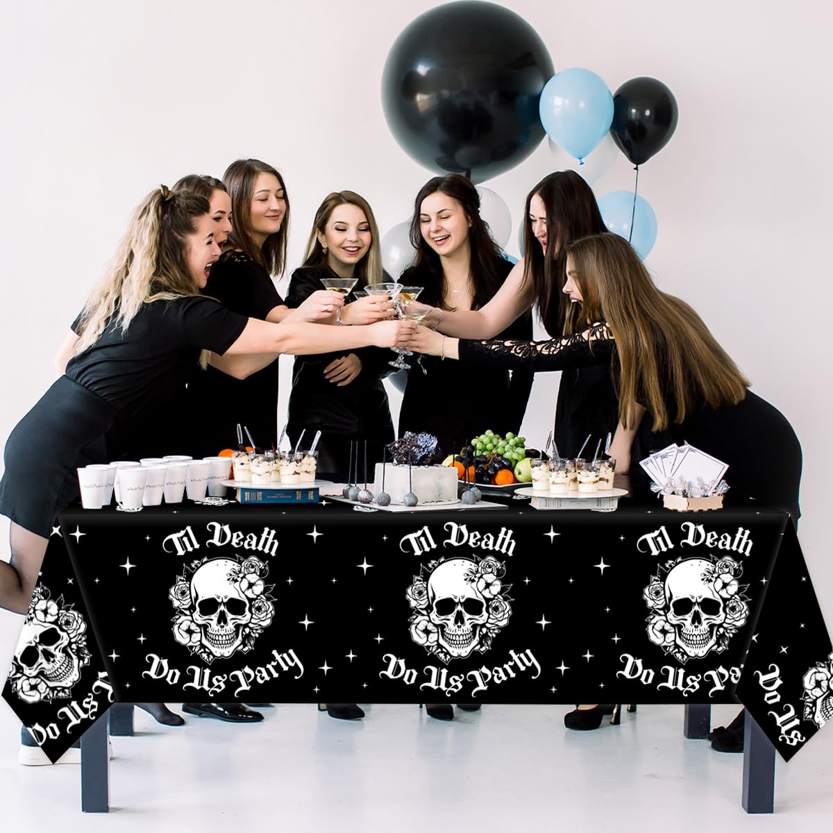 CMUSKO 3Pcs Til Death Do Us Party Tablecloths-Halloween Bachelorette Decorations Black Gothic Skull Disposable Rectangular Plastic Table Cover for Bridal Shower Engagement Party