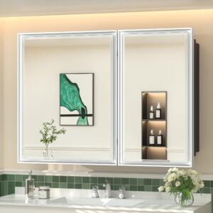 tokeshimi 40x30 recessed medicine cabinet with mirror, silver mirror with storage bathroom aluminum 2 door, wall mounted metal recessed medicine cabinets for bathroom with beveled mirror