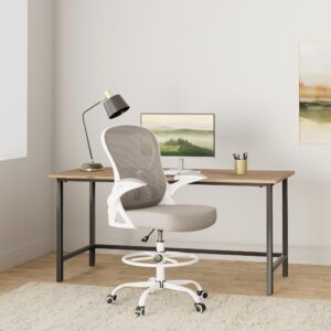 Winrise Drafting Chair, Tall Office Chair Ergonomic Standing Desk Chair, Lumbar Support Computer Chair Swivel Task Rolling Chair with Adjustable Flip-up Armrests & Foot Ring (Gray)