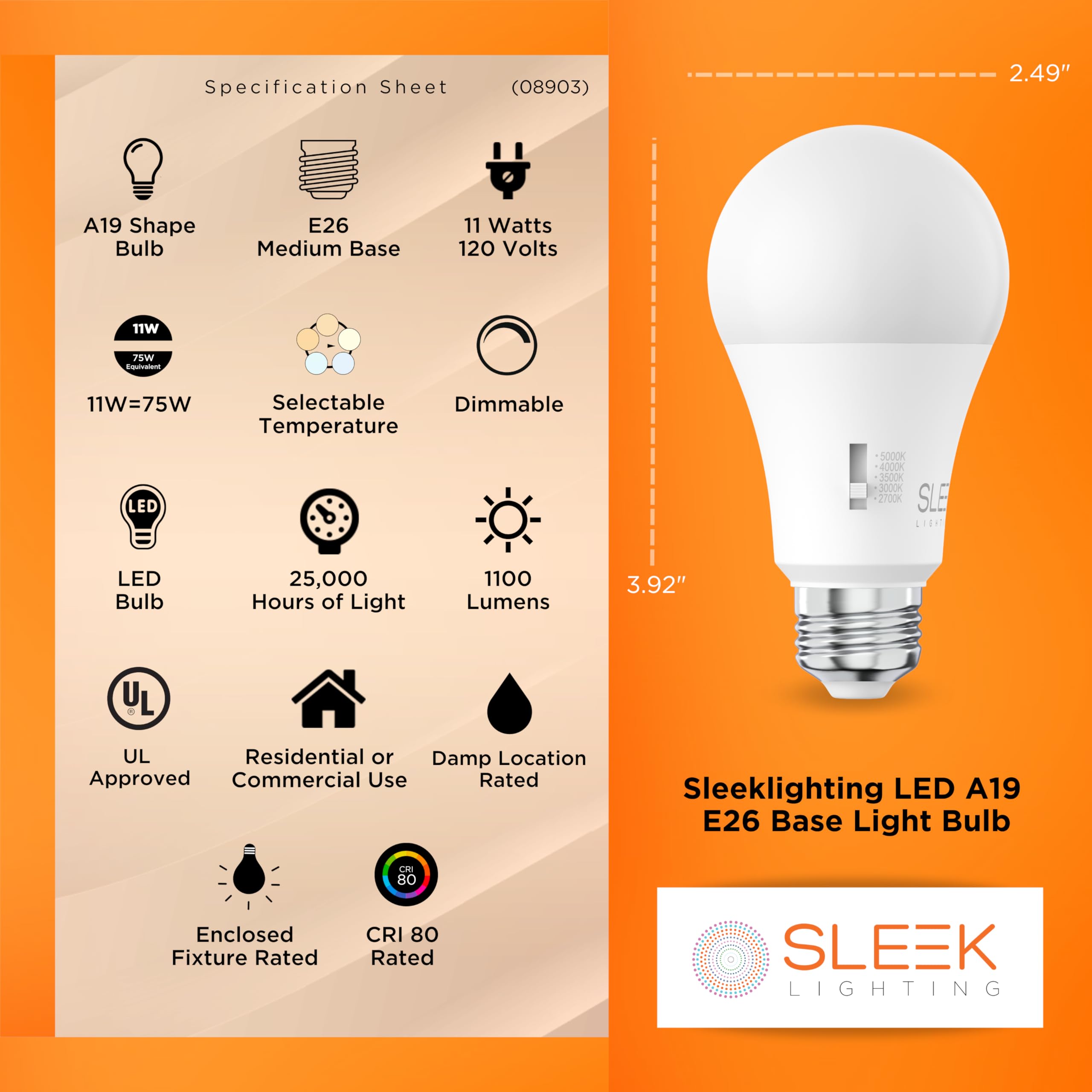 SLEEKLIGHTING A19 Light Bulbs 75 Watt Equivalent 11 Watt LED Bulb, 1100 Lumens, Dimmable, 5 CCT (2700K/3000K/3500K/4000K/5000K) Energy Star, E26 Base - (4 Pack)