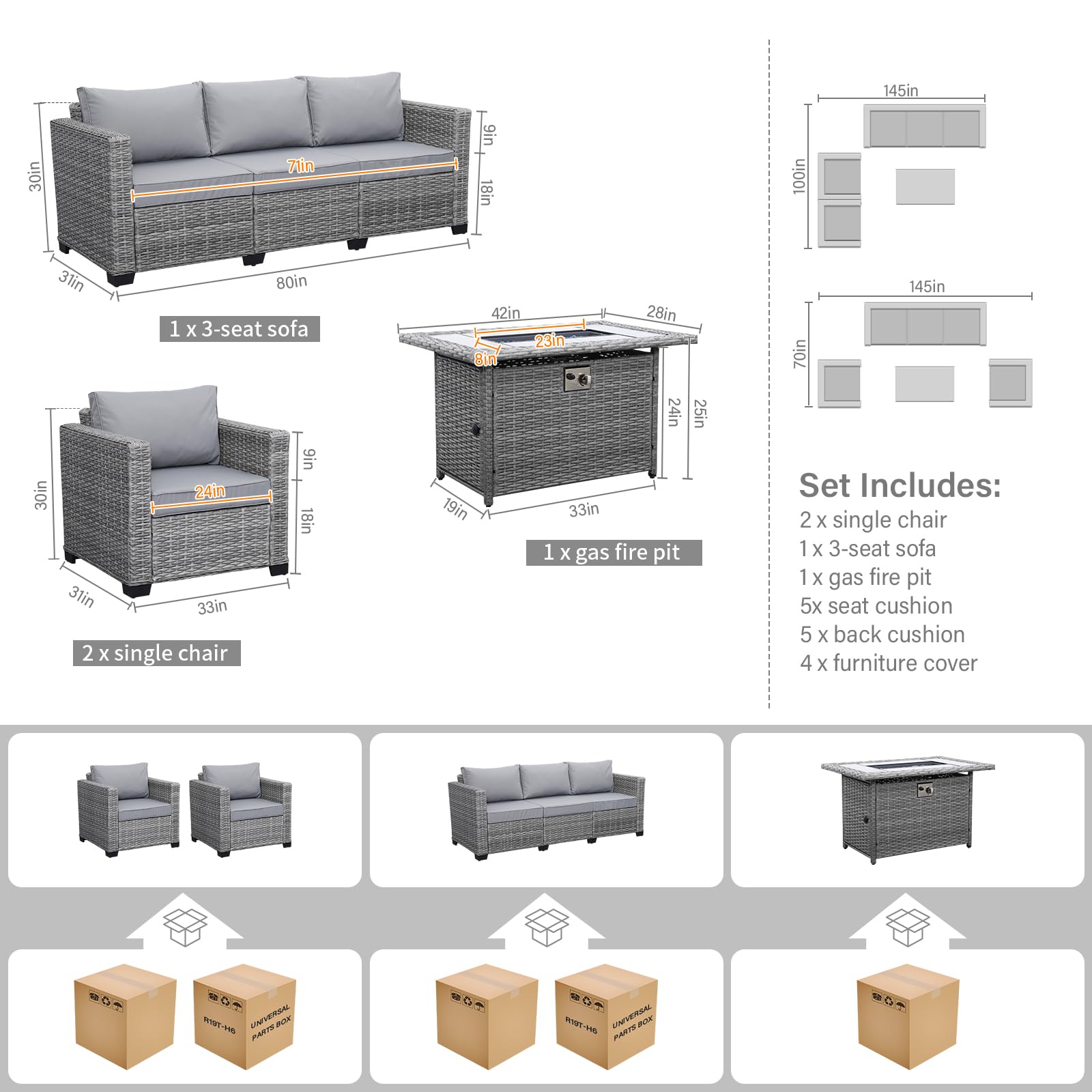 Rattaner Patio Furniture Set 4 Pieces Outdoor Furniture Sets Patio Couch Outdoor Chairs 42 Inches Propane Fire Pit Table with Anti-Slip Cushions and Waterproof Covers, Light Grey