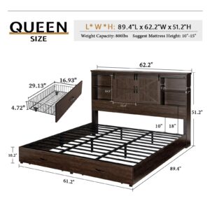 VanAcc Queen Size Bed Frame, Wooden Platform Storage Bed with 51.2" Bookcase Headboard, 2 Drawers, Charging Station/No Box Spring Needed/Noise Free(Brown)