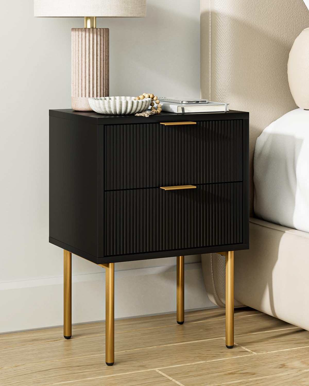 AEPOALUA Nightstand,Small Bedside Table with Gold Frame,White Night Stand,Bedside Furniture,Side Table with Drawer and Shelf for Bedroom,Living Room (Mid-Century-Stripe, Black.)