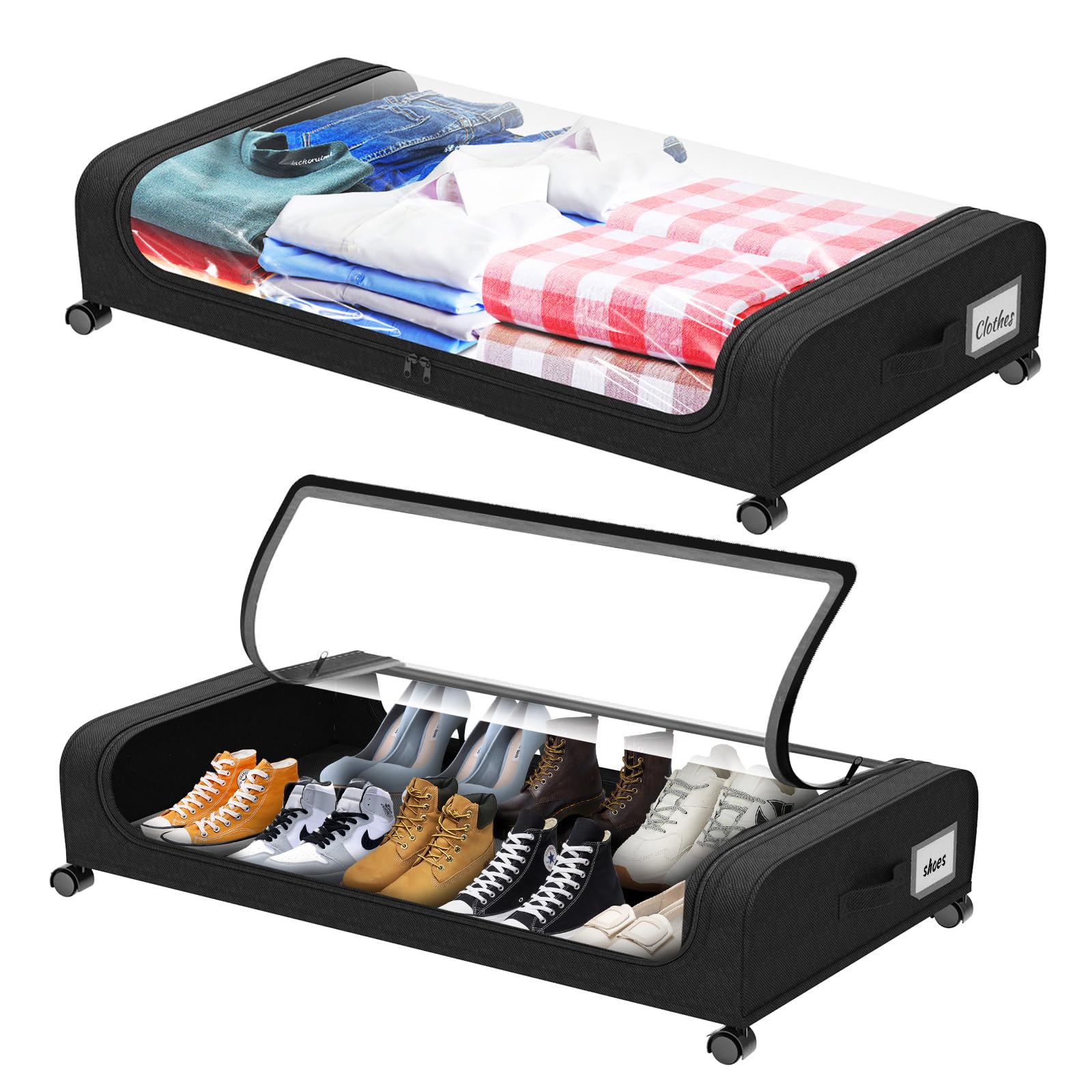 INVOCOO 2 Pack Under Bed Storage with Wheels, Large Capacity Under Bed Storage Containers with Clear Lid,Handle,Label, Rolling Under Bed Shoe Storage Organizer for Clothes Toy Shoe Blanket (Black)