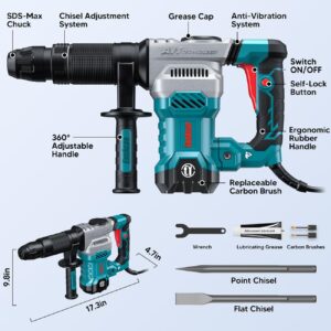 ENEACRO SDS-Max Demolition Jack Hammer for Concrete, Lightweight 11 Amp Electric Demo Chipping Hammer，Aluminum Alloy Shell, Vibration Control, Includes Grease, Tool Bag and Chisels