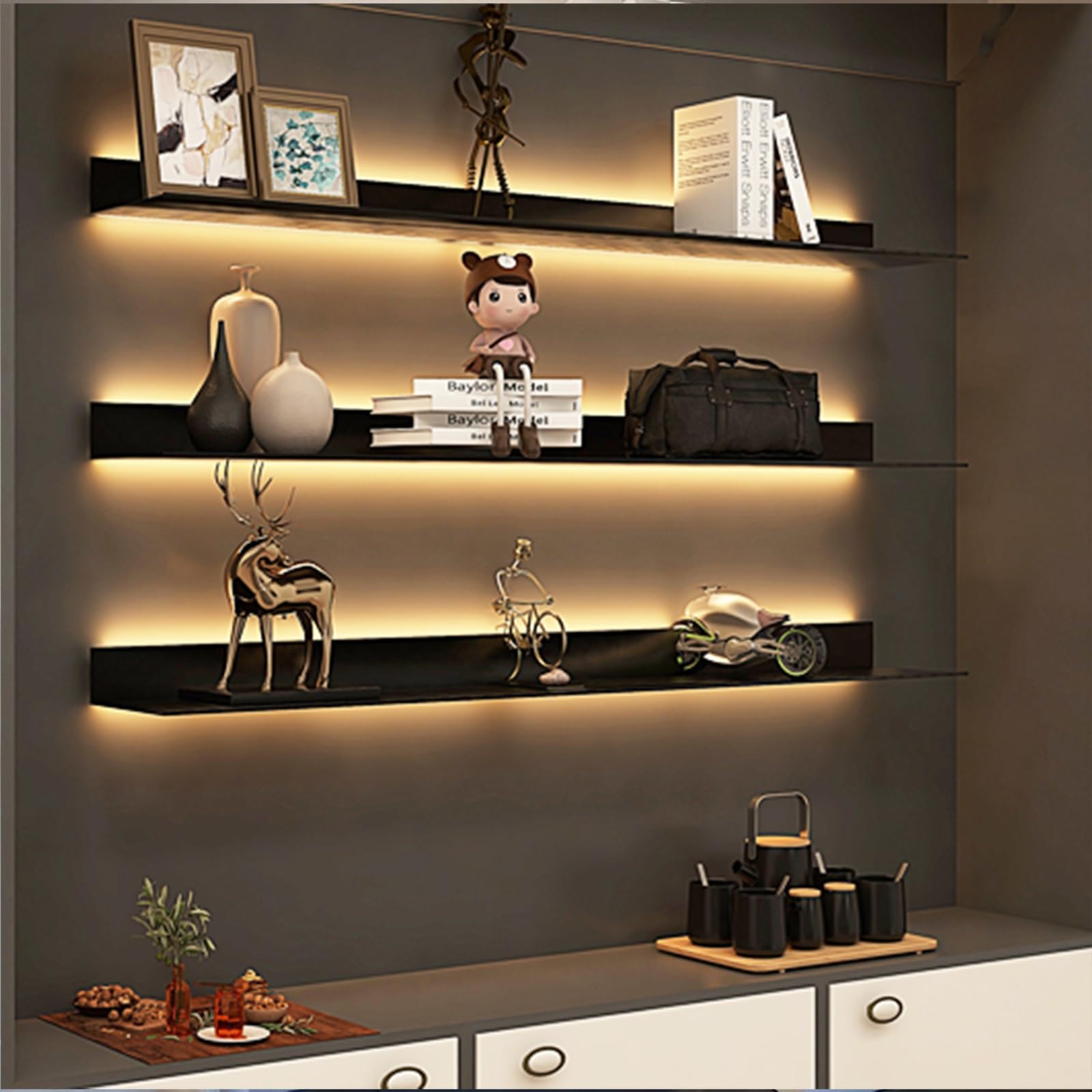 Wall Mounted Light-Emitting Shelves, Storage Shelf Floating Display Shelf LED Light Up Can Hold A Lot of Things Objects are Not Easy to Fall (Color : Black, Size : 150x23x7.5cm)