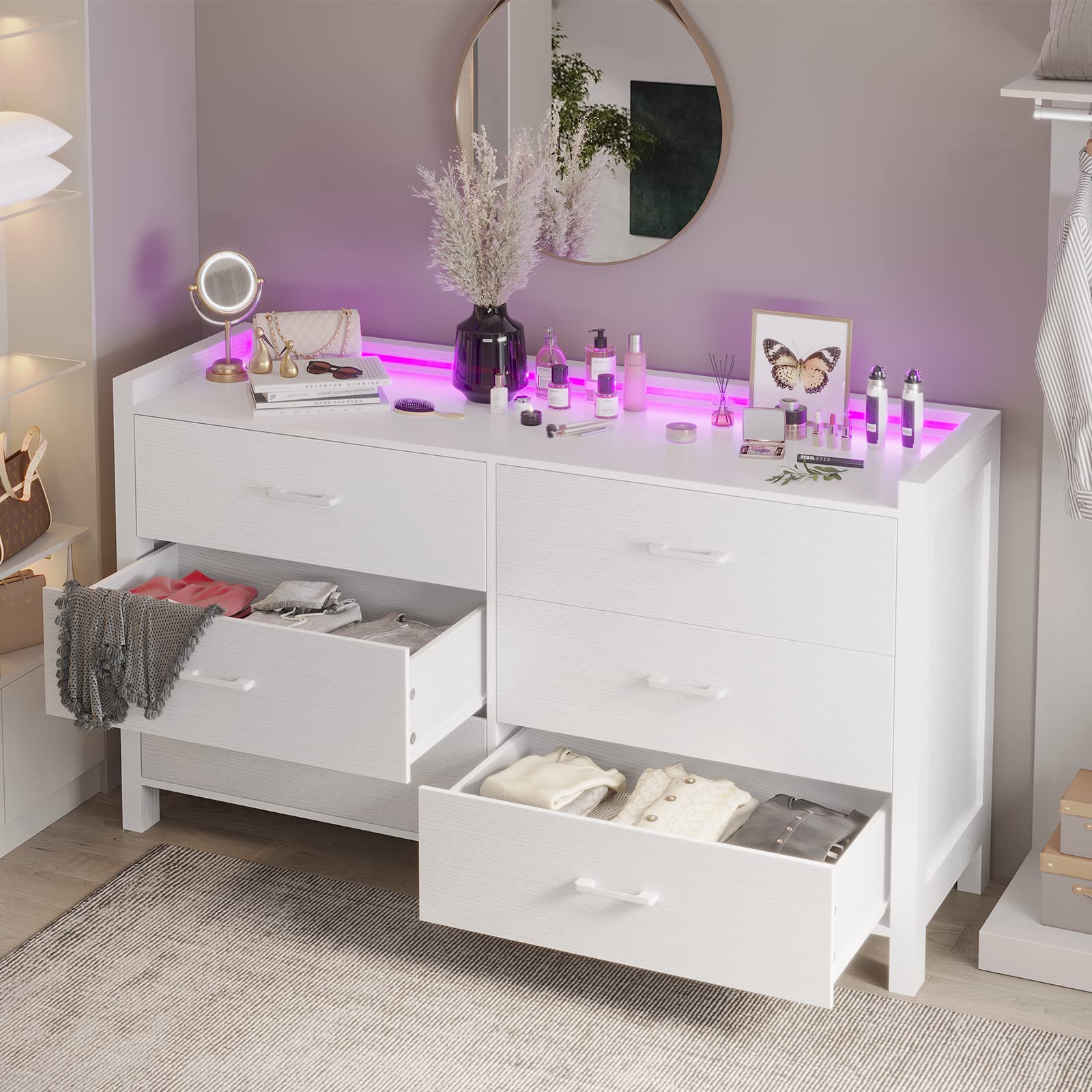 Hasuit White Dresser for Bedroom with LED Lights, Large Capacity Wooden Storage Cabinet, Chest of 6 Drawers, 6 Drawer Dresser for Hallway, Entryway