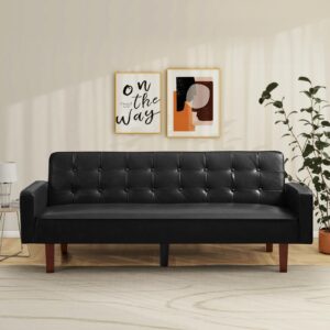 iululu futon sofa bed, modern convertible faux leather sleeper couch with armrests for studio, office, apartment, compact living, game room, overnight guests, black