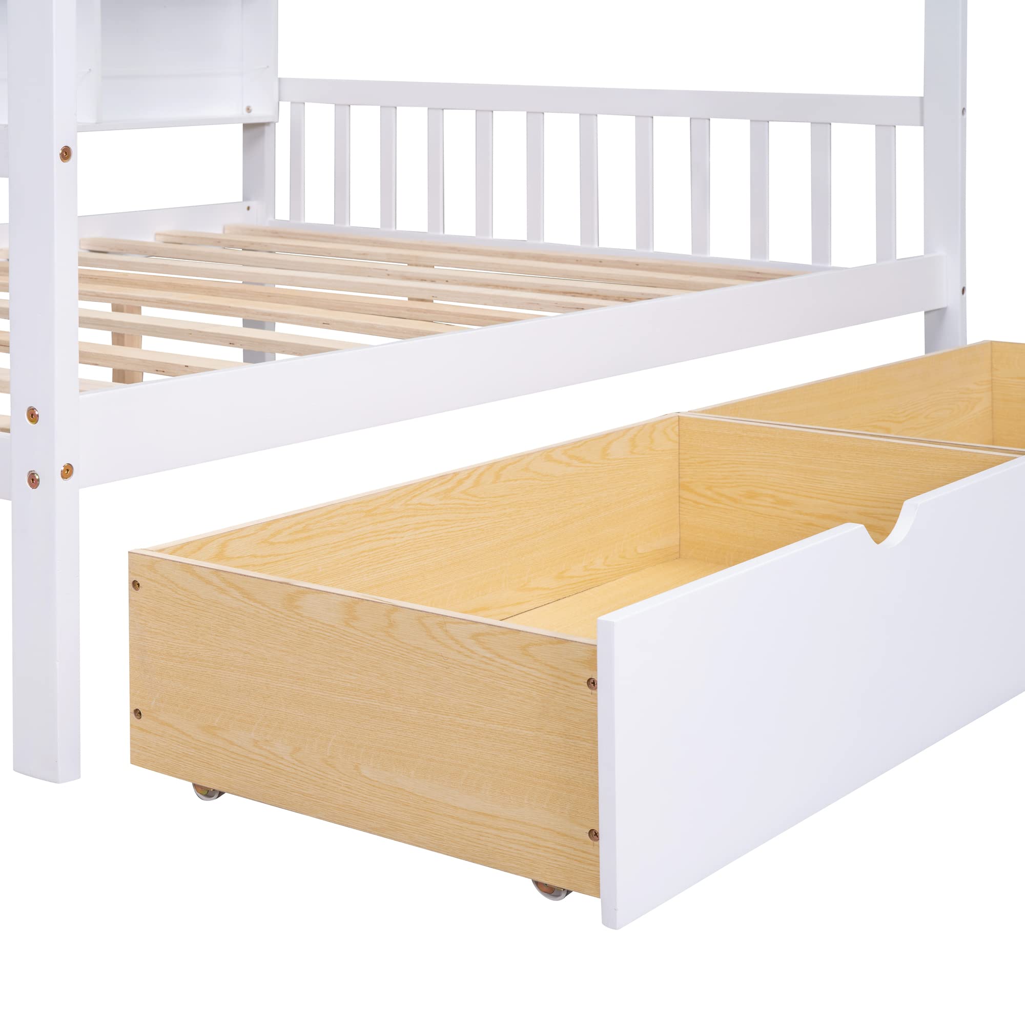 Harper & Bright Designs Full Size House Bed with Storage Drawers & Shelves, Montessori Bed Full Platform Bed Frame with Roof, Tent Bed, Solid Wood Playhouse Bed for Kids Teens Girls Boys (White)