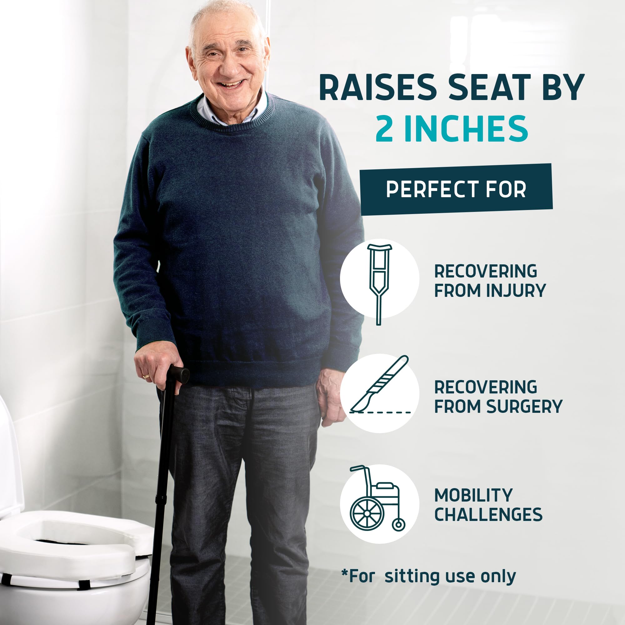 Lunderg Toilet Seat Riser for Seniors - Adds 2 inches. Universal Fit - FIRM Raised Toilet Seat Cushion with High-Density Foam for enhanced Comfort & Elevation. Post-Surgery Must have (White)