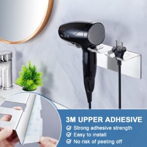 SUS 304 Stainless Steel Hair Dryer Holder Wall Mounted, Self Adhesive Hair Straightener Holder, Universal Blow Dryer Holder with Plug Hooks for Cabinet Bathroom