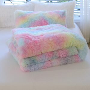 chovy Kids Girls Faux Fur Rainbow Comforter Sets Twin/Full - 3PC Bed Set Soft Warm Comfortable Classical Rabbit Plush Velvet Flannel Fluffy Fuzzy Bedding（Comforter x 1 Pillowcases x 2）