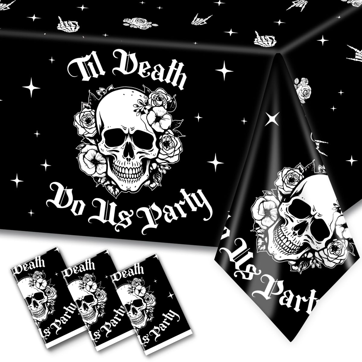 CMUSKO 3Pcs Til Death Do Us Party Tablecloths-Halloween Bachelorette Decorations Black Gothic Skull Disposable Rectangular Plastic Table Cover for Bridal Shower Engagement Party