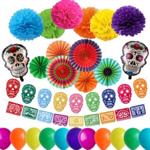 day of the dead party decorations dia de los muertos paper fans,pom poms,papel picado banner,sugar skull banner,colorful balloons for halloween mexican fiesta party decorations